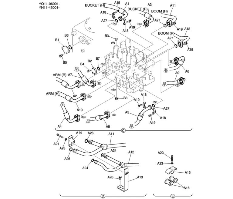 100-01-2 HYD LINES, UPP (MAIN)-Kobelco SK200-8 SK210LC-8 SK210D-8 ...